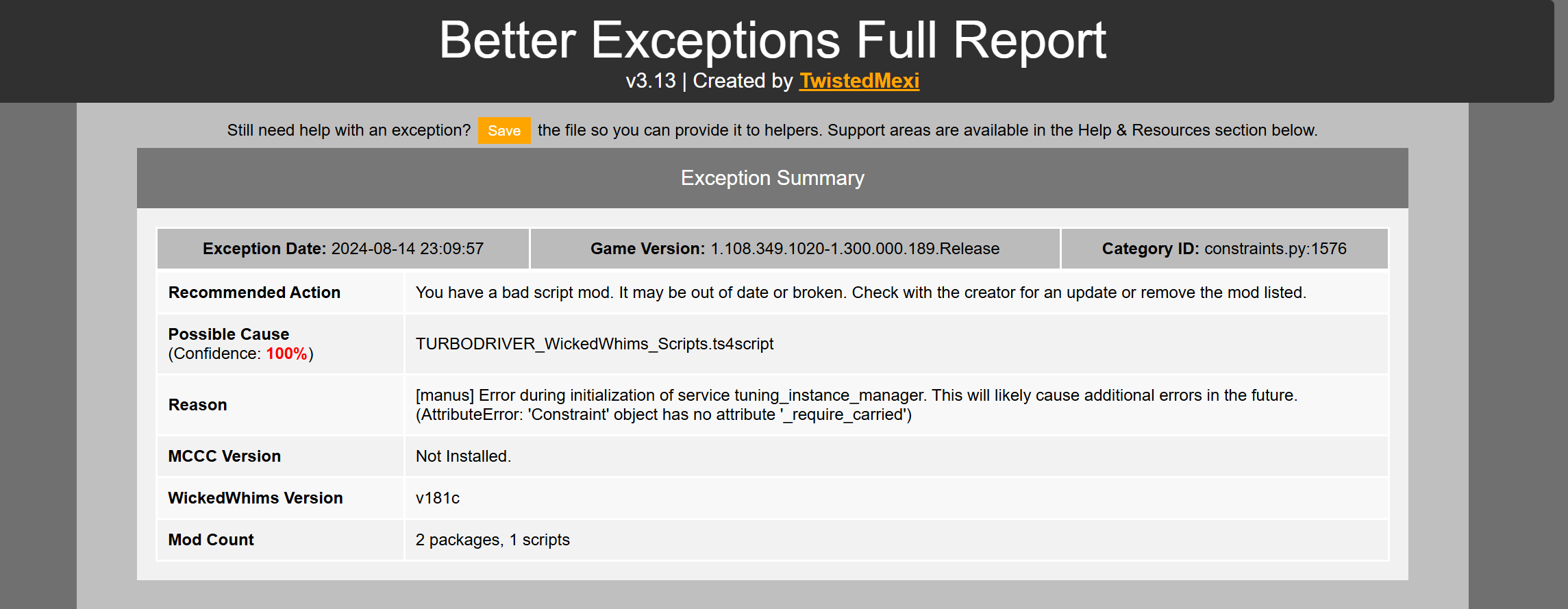 Error after upgrading - Technical Support - WickedWhims - LoversLab